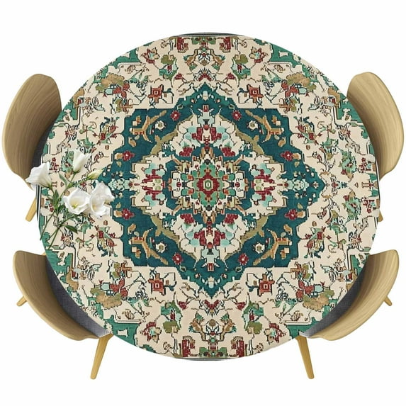 Boho Abstract Flowers Round Fitted Tablecloth with Elastic Edge, Green ...
