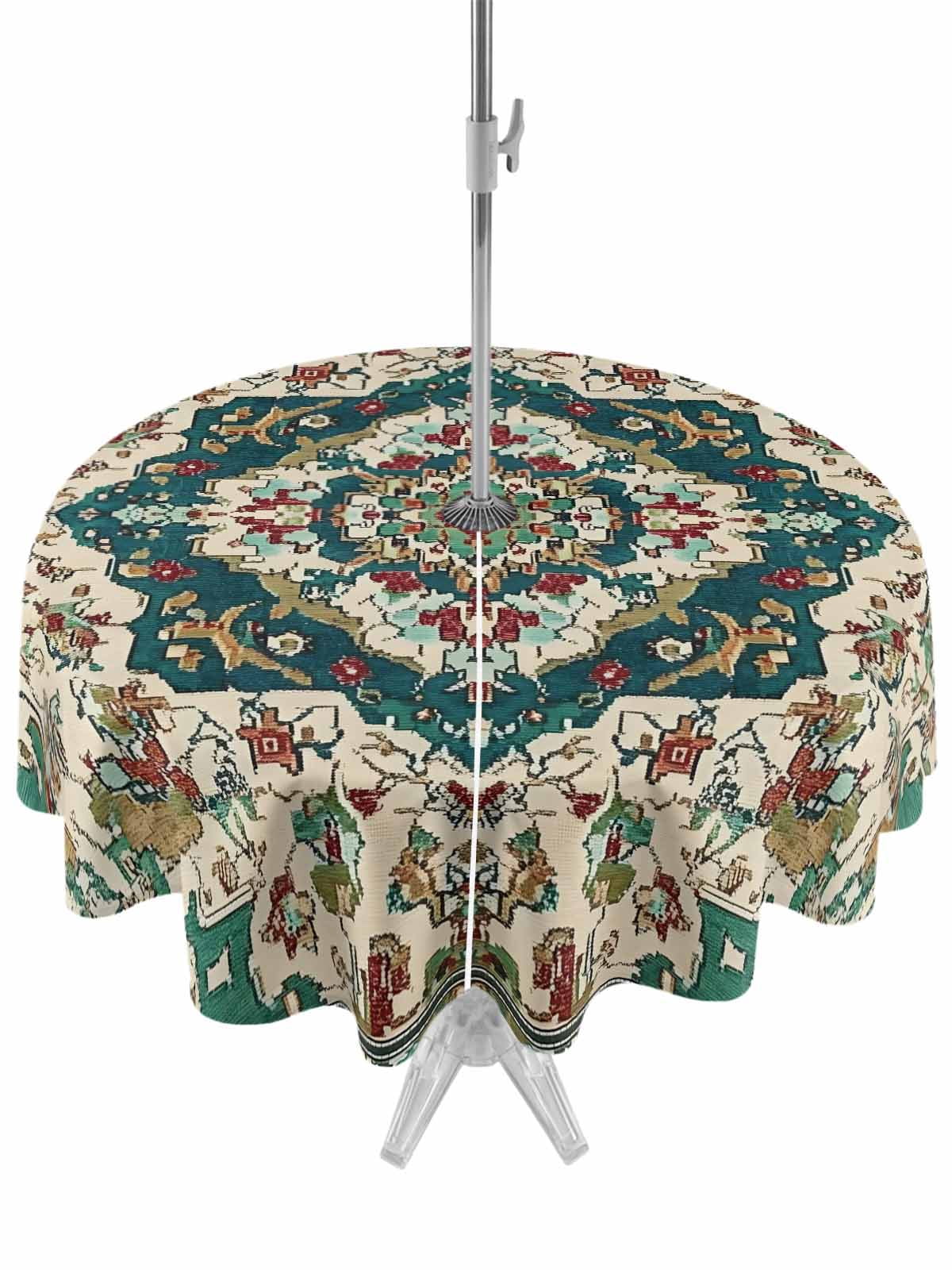 Boho Abstract Flowers Round Outdoor Tablecloth with Umbrella Hole Green ...