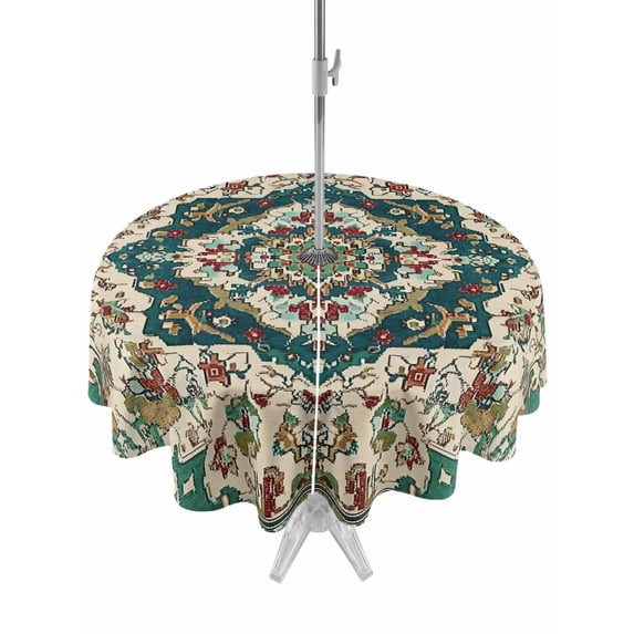 Boho Abstract Flowers Round Outdoor Tablecloth with Umbrella Hole Green ...