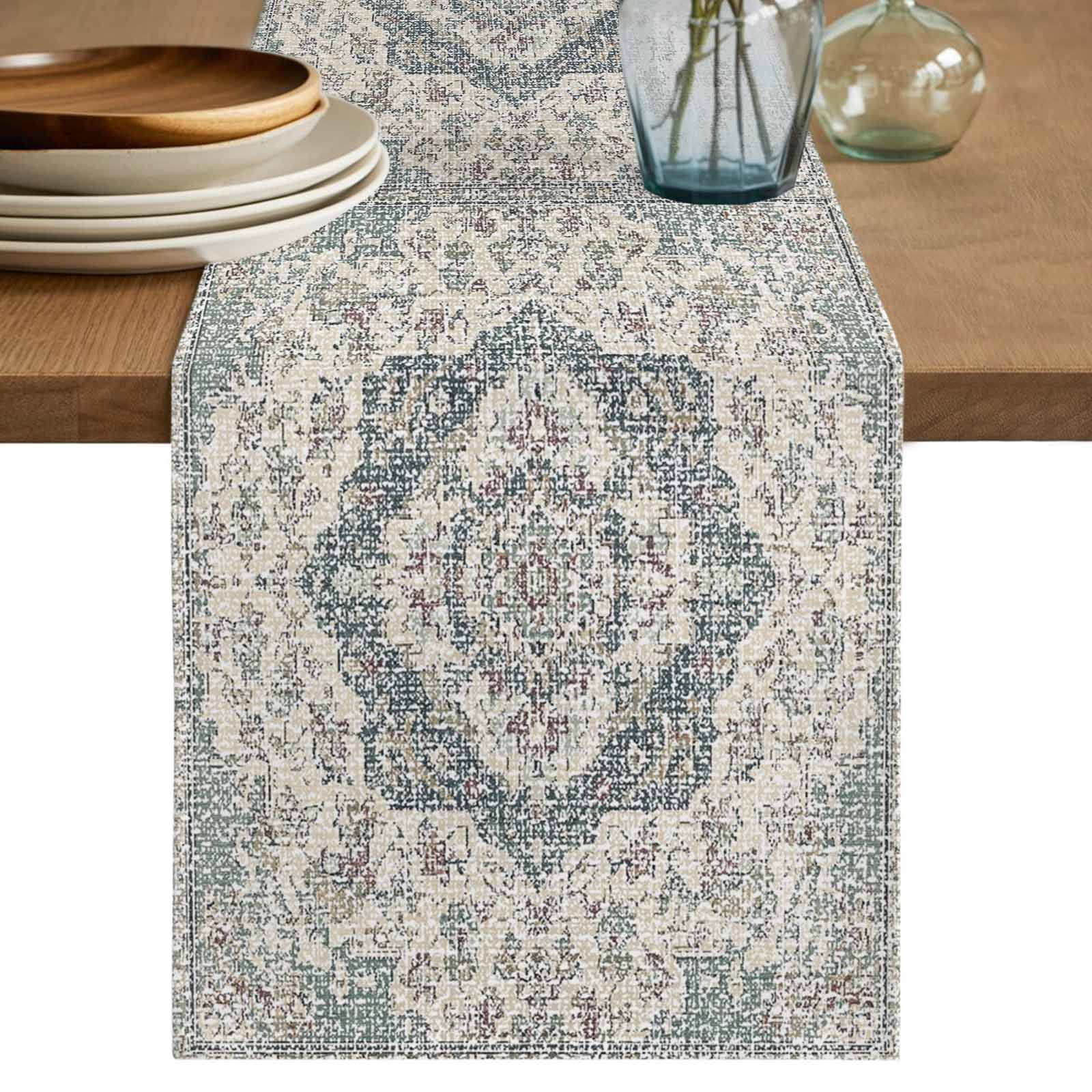 Boho Abstract Flowers Table Runner, Beige Green Retro Medieval National ...