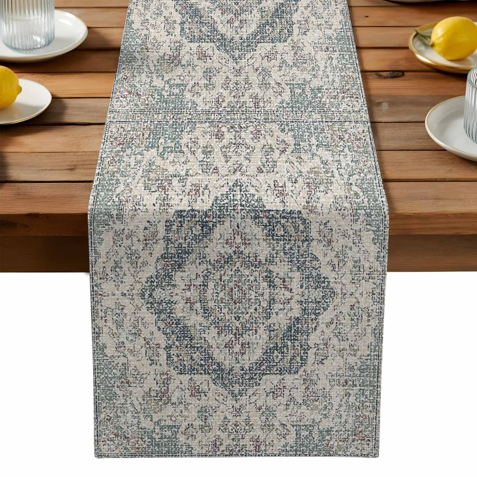 Boho Abstract Flowers Table Runner, Beige Green Retro Medieval National ...