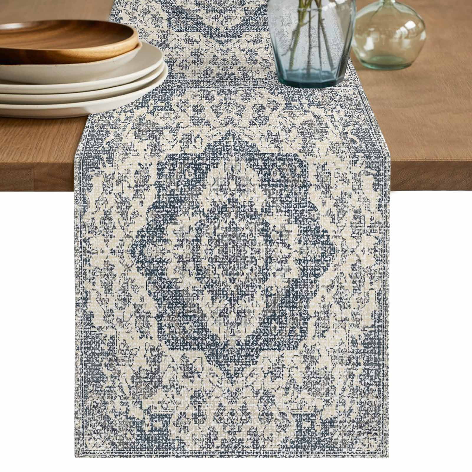 Boho Abstract Flowers Table Runner, Navy Blue Retro National Medieval ...