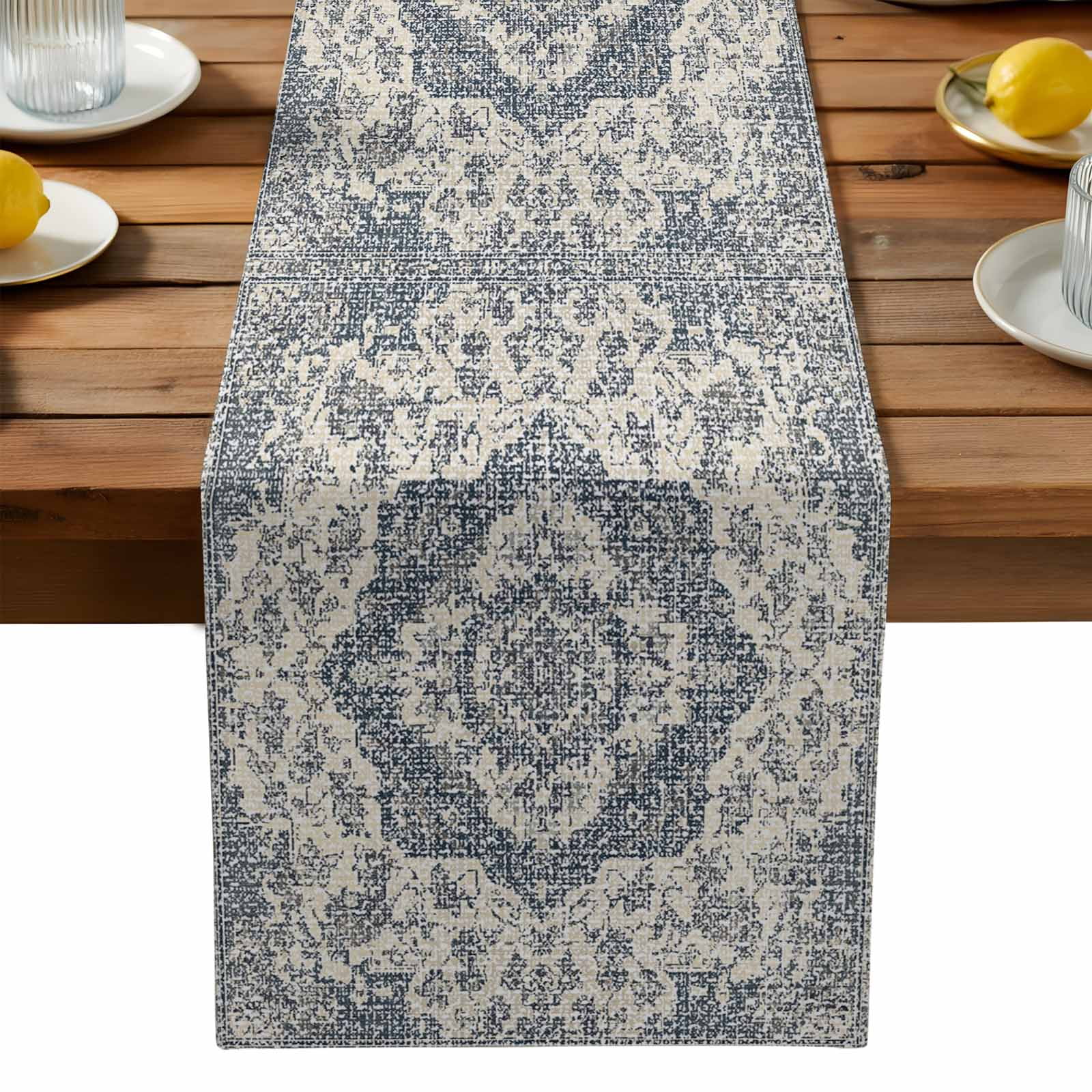 Boho Abstract Flowers Table Runner, Navy Blue Retro National Medieval ...