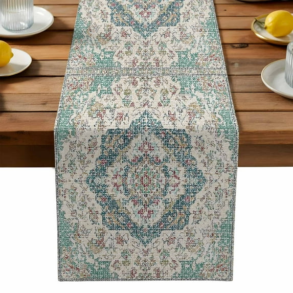 Boho Abstract Flowers Table Runner, Sage Green Retro Medieval National ...