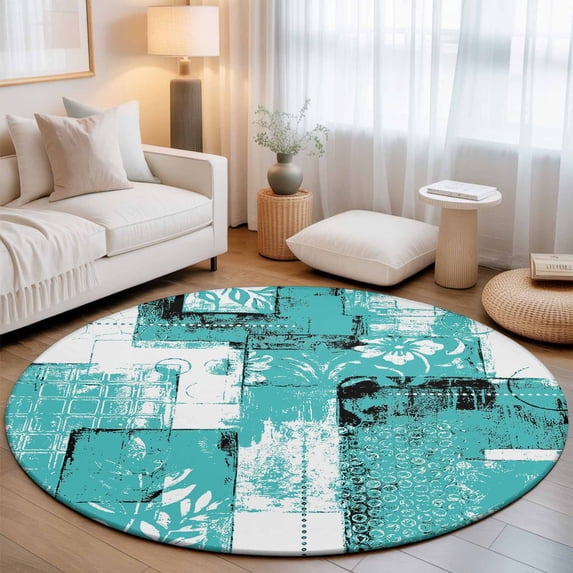 Boho Abstract Geometric Texture Round Rug 5ft Summer Leaves Turquoise ...