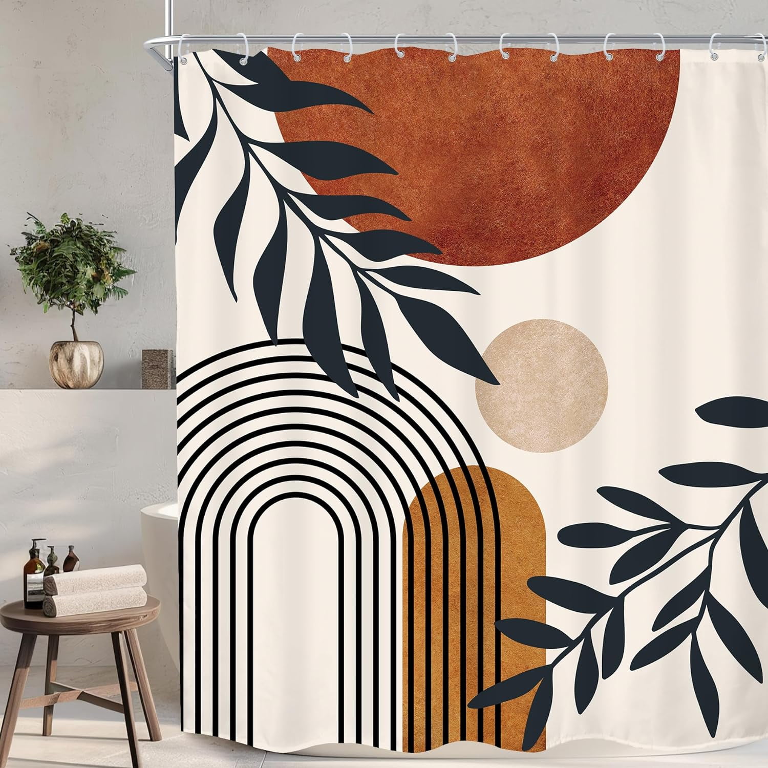 Boho Abstract Mid Century Shower Curtain for Bathroom Decor 72Wx72H Inches Brown Geometric ...
