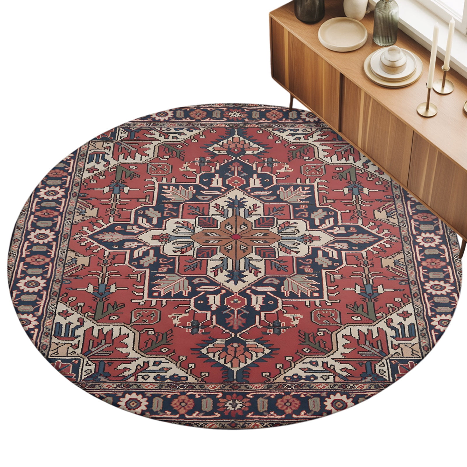 Boho Abstract Plant Area Rug, Vintage Red Blue Retro National Medieval ...
