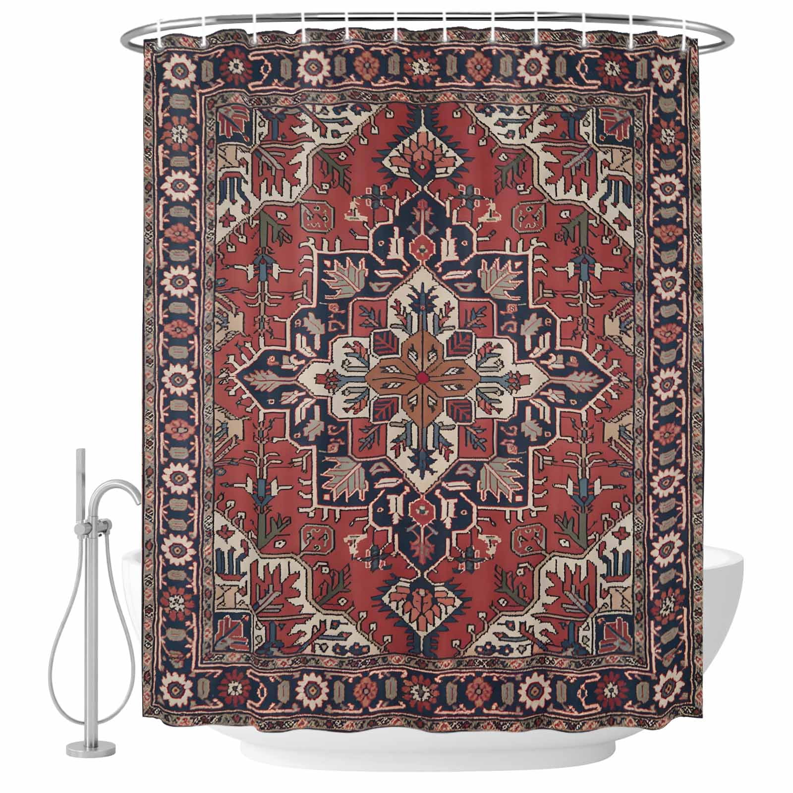 Boho Abstract Plant Bathroom Shower Curtains with Hooks, Vintage Red ...