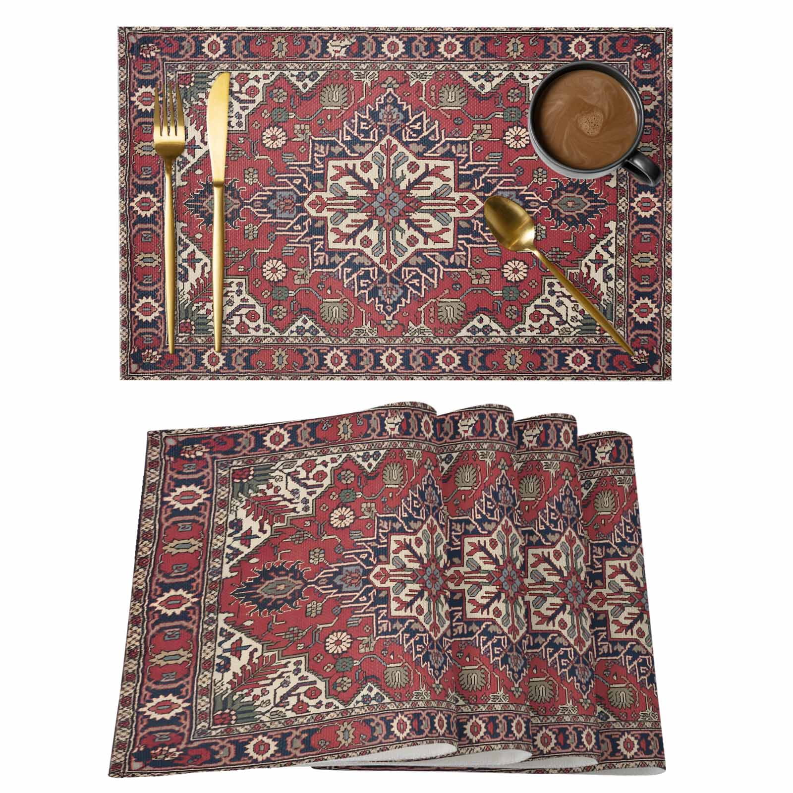 Boho Abstract Plant Cotton Linen Placemats Set of 2, Vintage Red Blue ...