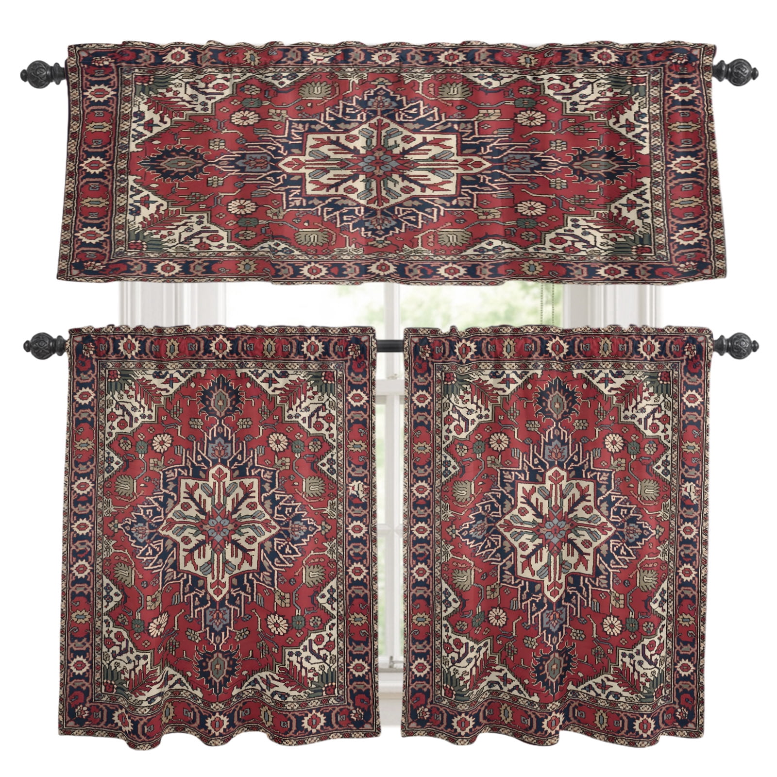 Boho Abstract Plant Kitchen Curtains Set for Windows, Vintage Red Blue ...