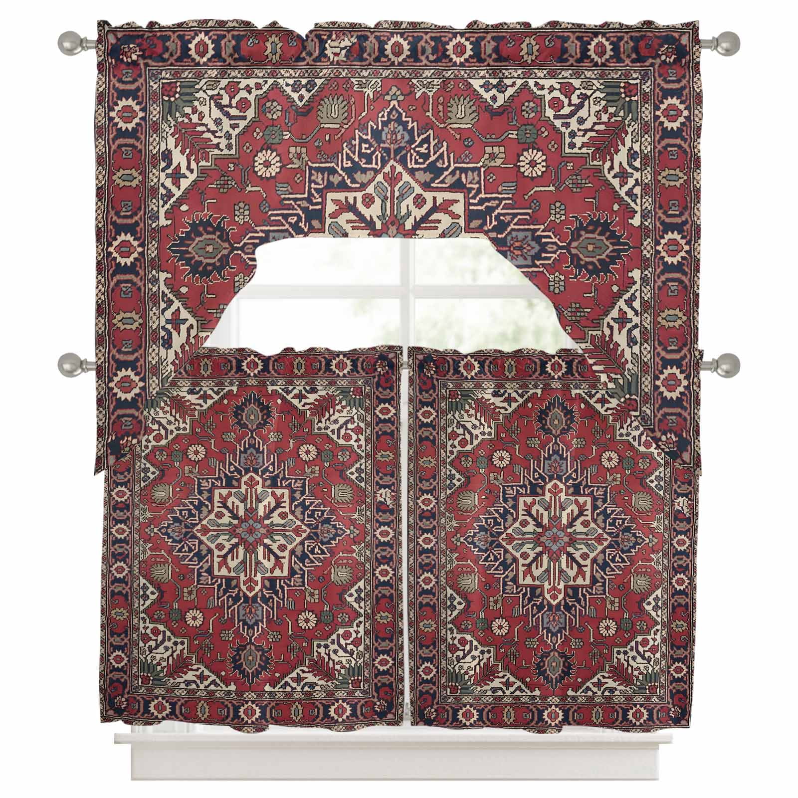 Boho Abstract Plant Swag Valance and Tier Set of 3, Vintage Red Blue ...