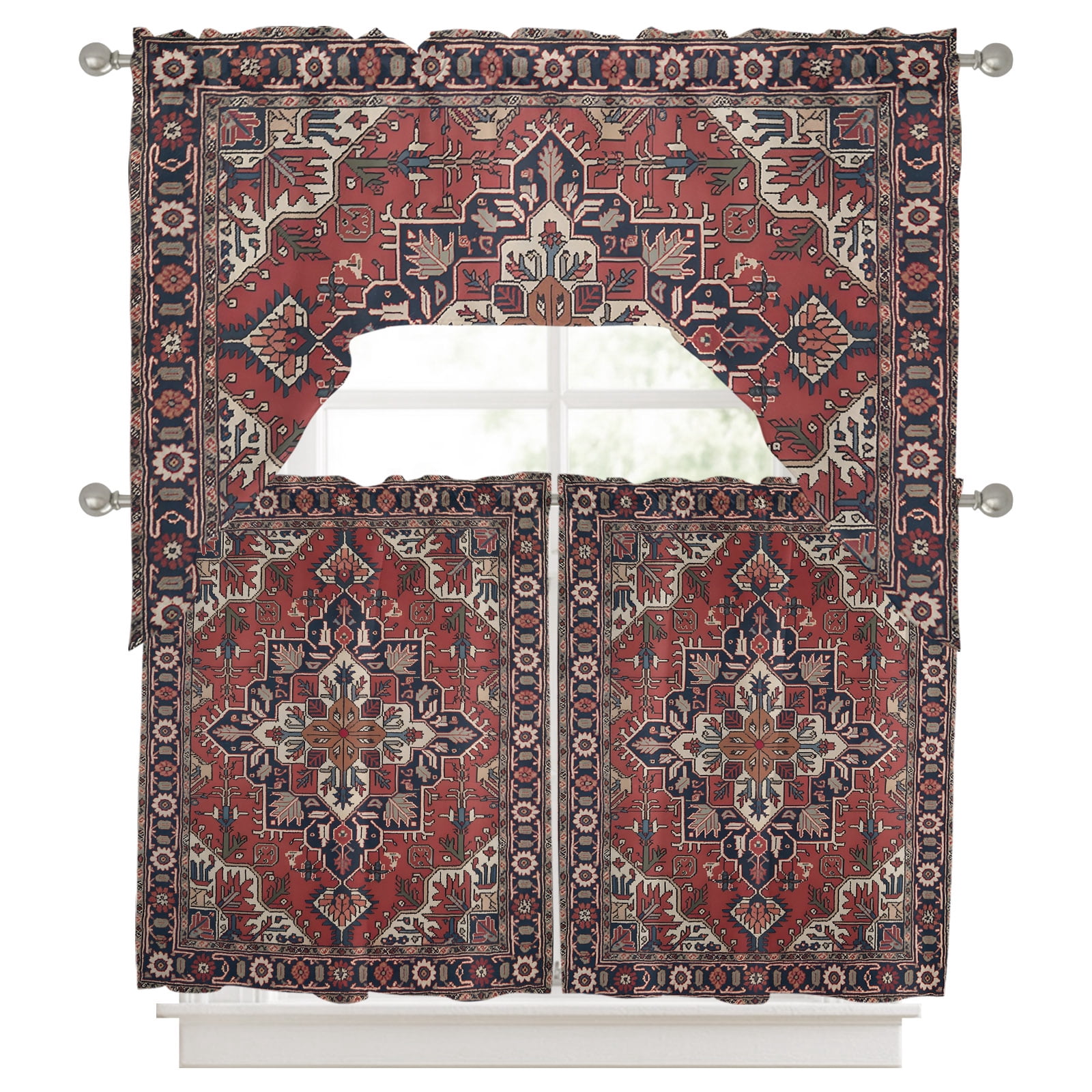 Boho Abstract Plant Swag Valance and Tier Set of 3, Vintage Red Blue ...