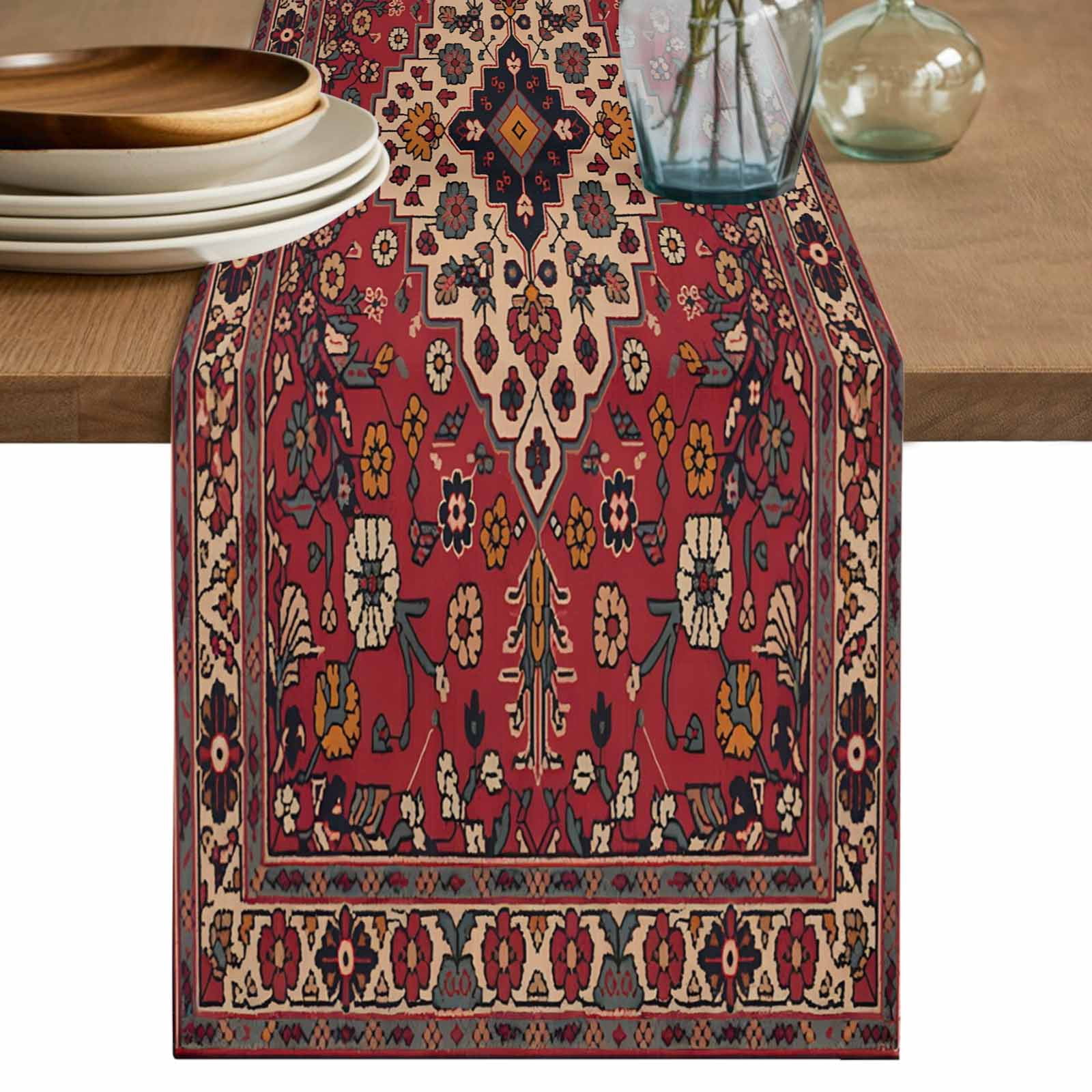 Boho Abstract Plant Table Runner, Vintage Red Retro National Medieval ...