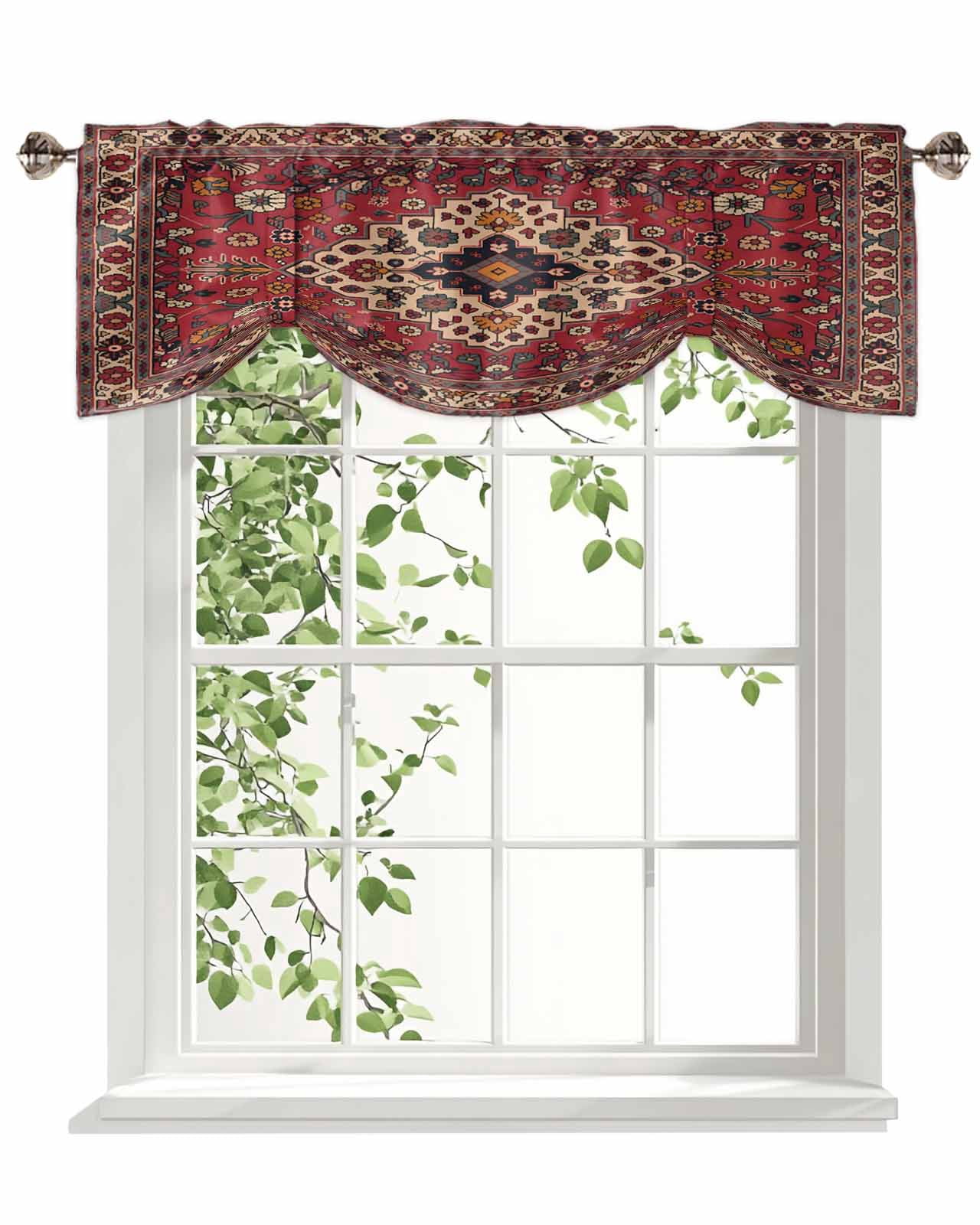 Boho Abstract Plant Tie Up Valances Curtain, Vintage Red Retro National ...