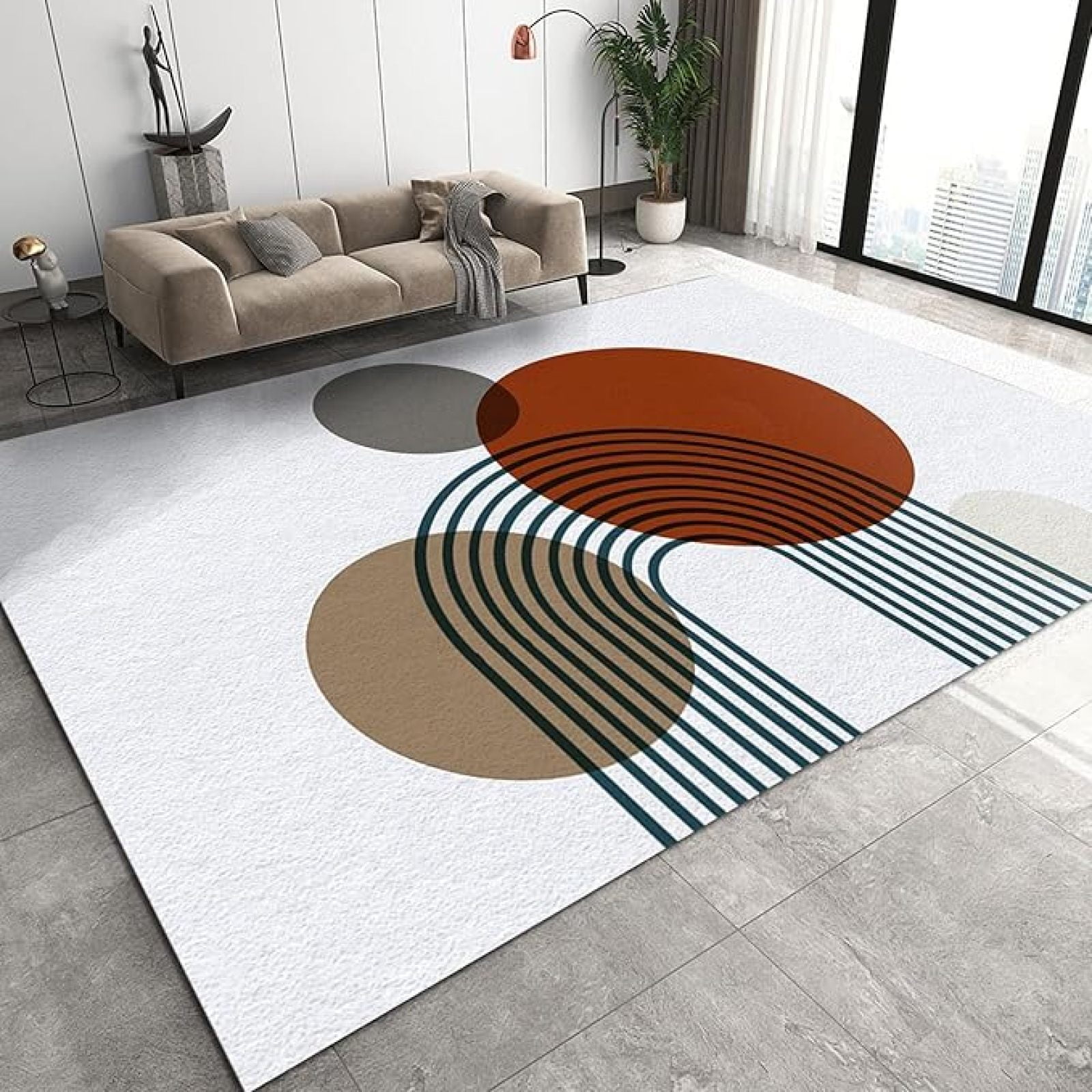Boho Abstract Semicircle Area Rug, Medieval Black Curved Lines Large ...