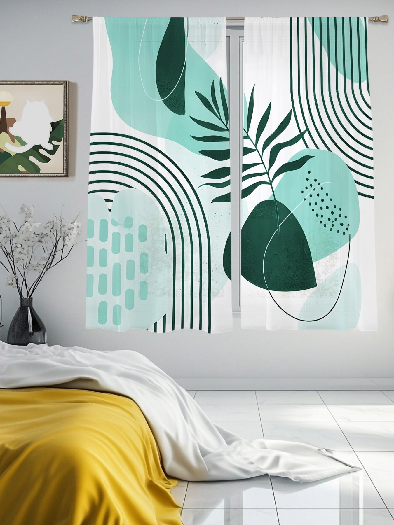 Boho Abstract Teal Color Block Sheer Curtains 2 Panels Set Mid Century ...