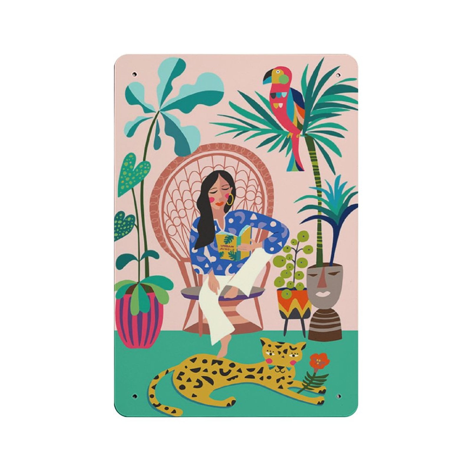 Boho Abstract Tropical Plants Cat Girl Wall Art Painting Nordic tin ...