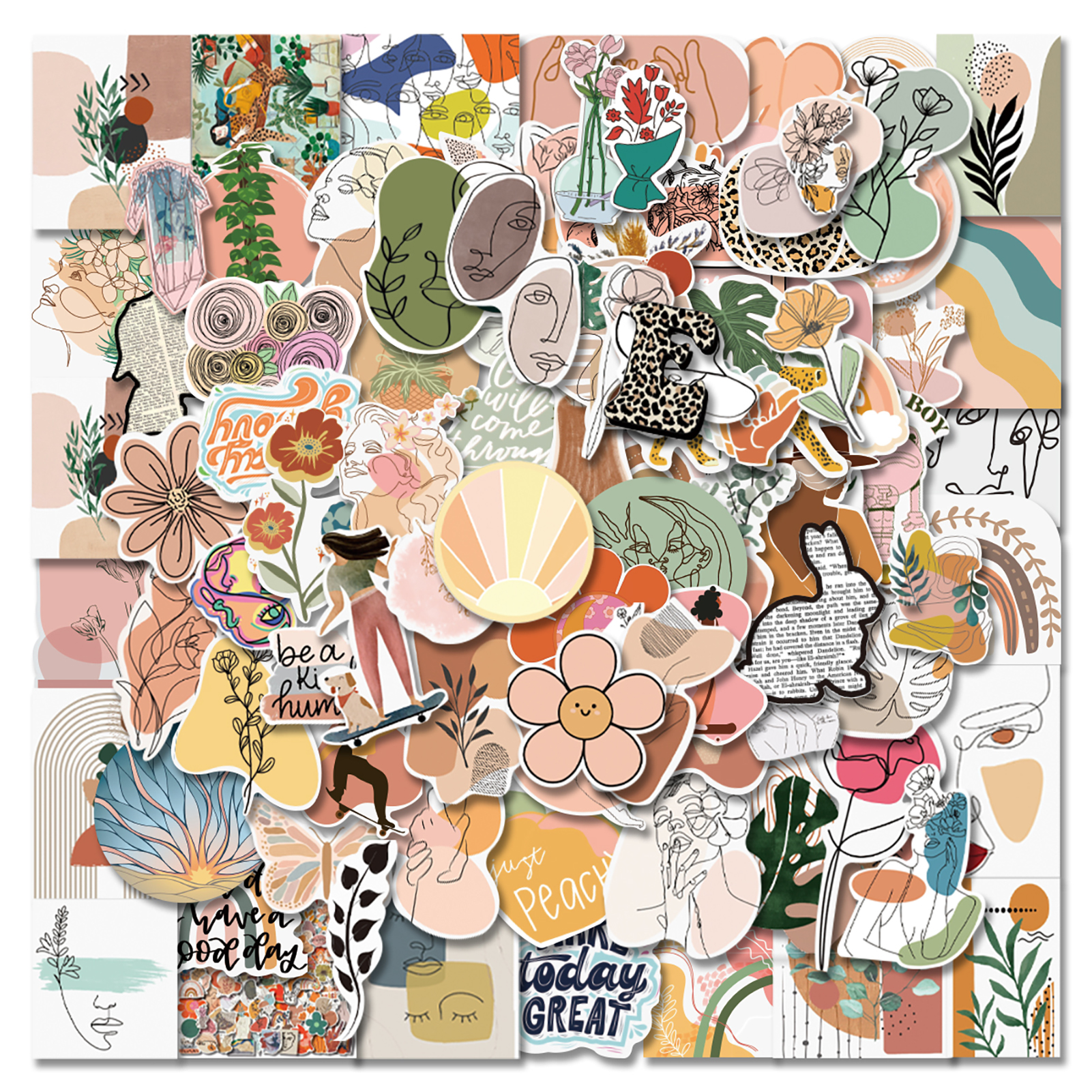 Boho Aesthetic Stickers [100Pack], Minimalist Abstract Line Art Decor ...