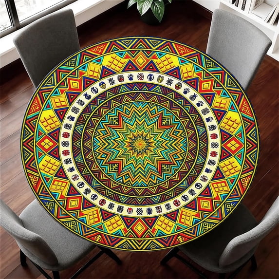 Boho African Tribal Mandala Color Geometric Round Fitted Tablecloth ...