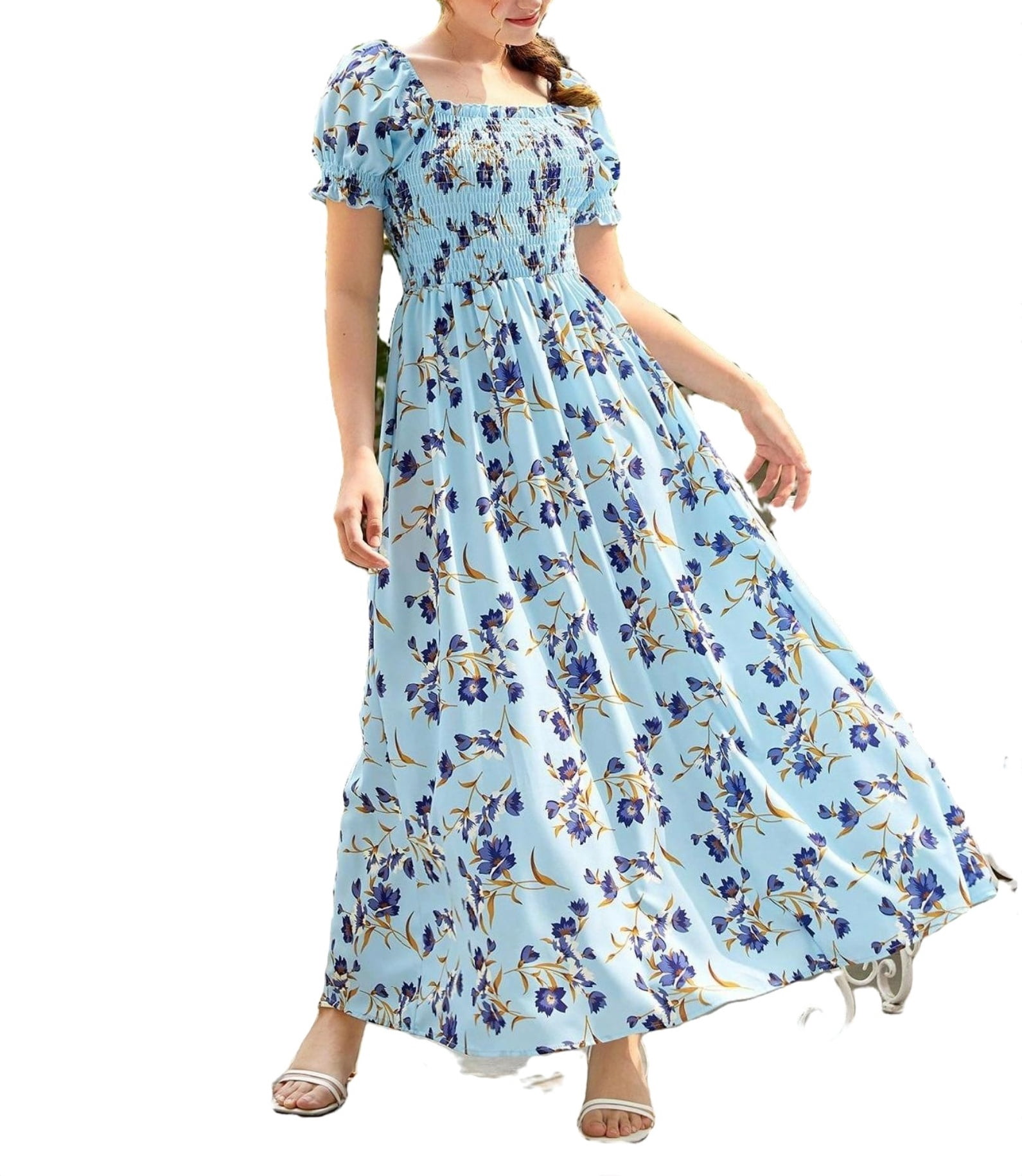 Boho All Over Print Square Neck A Line Short Sleeve Blue Girls Dresses ...