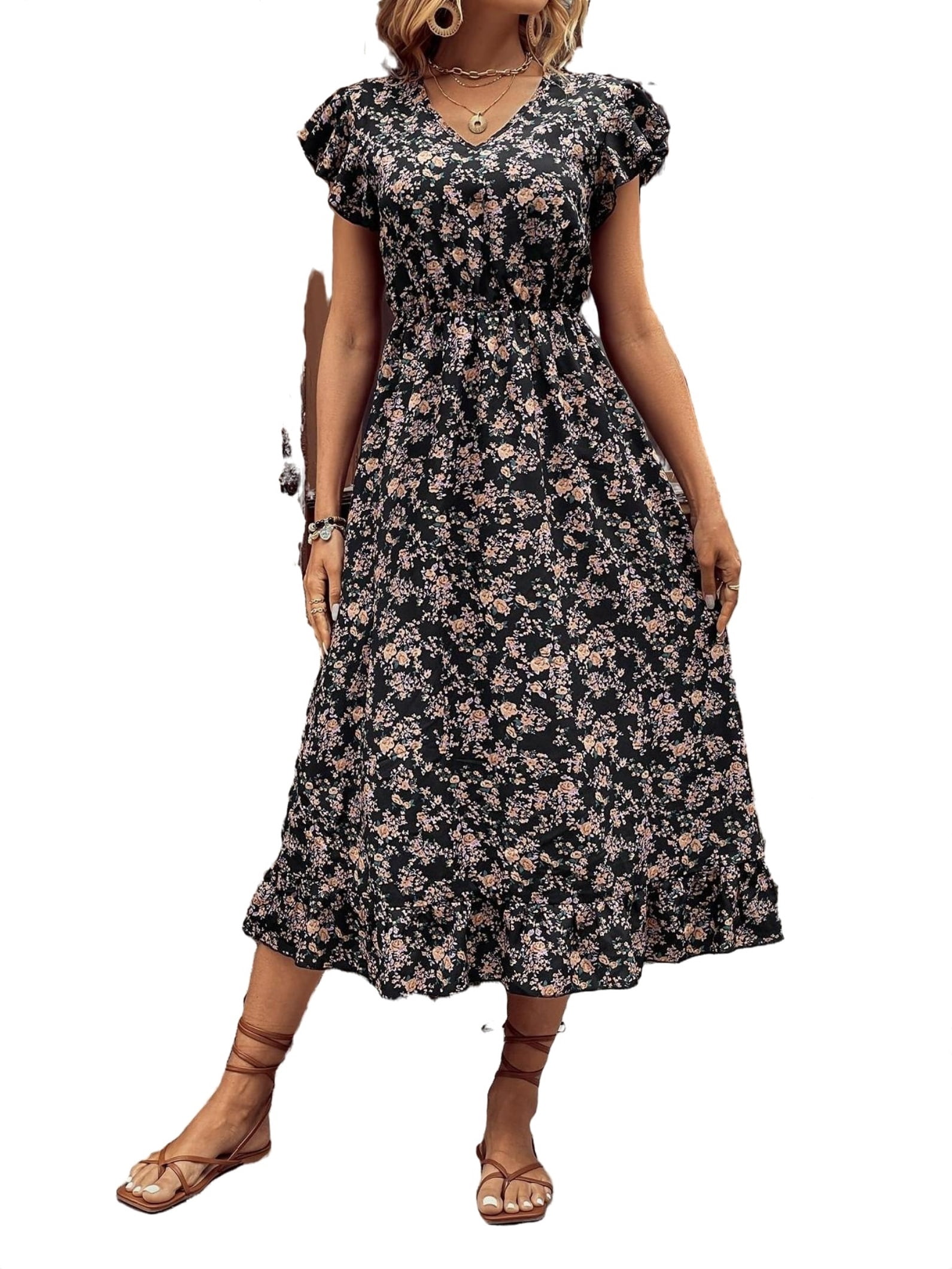 Boho All Over Print V neck A Line Sleeveless Black Colour Women's ...