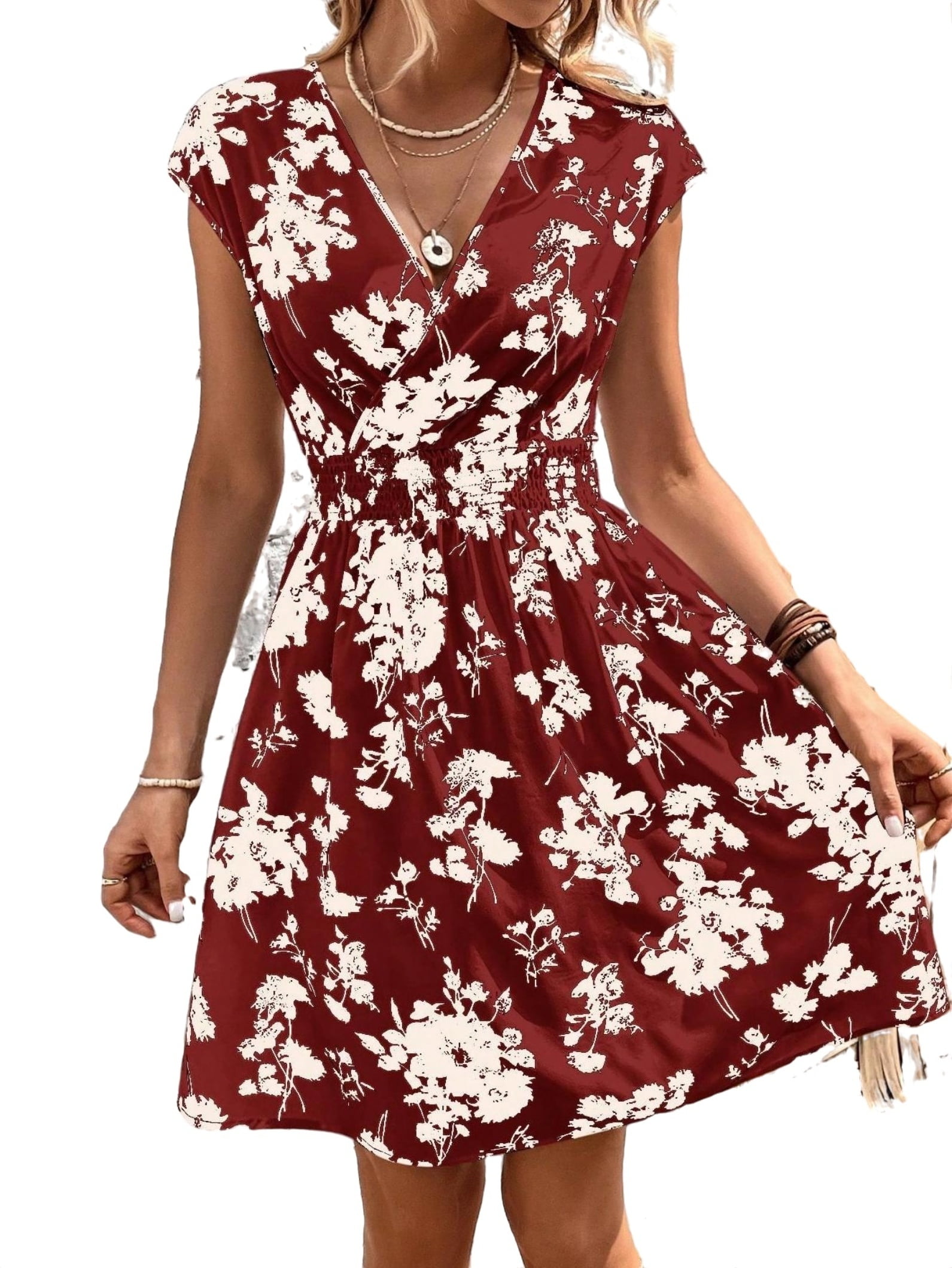 Boho All Over Print V neck A Line Sleeveless Red Women Dresses (Women's ...