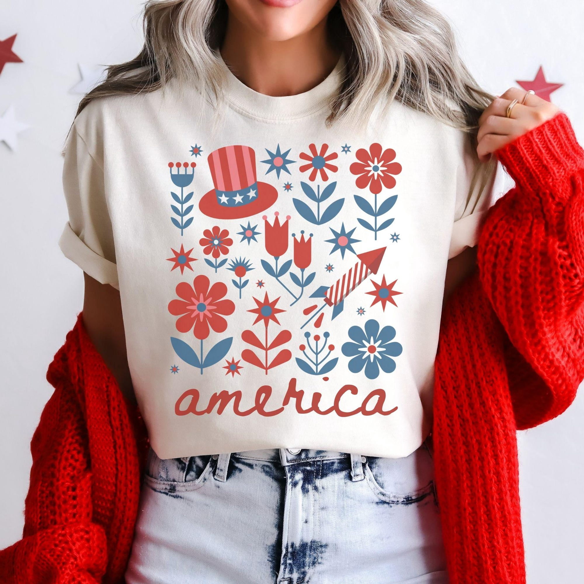 Boho America Shirt Floral 4th of July TShirt Retro Independence Day Red ...