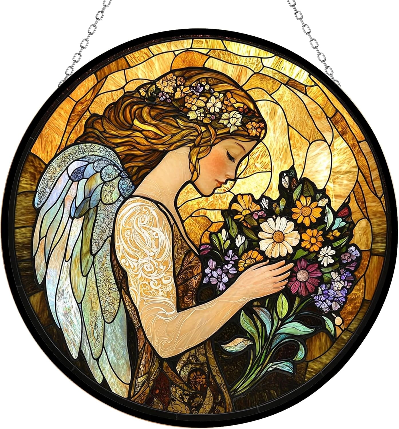 Boho Angel with Wildflowers Stained Glass Window Hanging Suncatcher ...