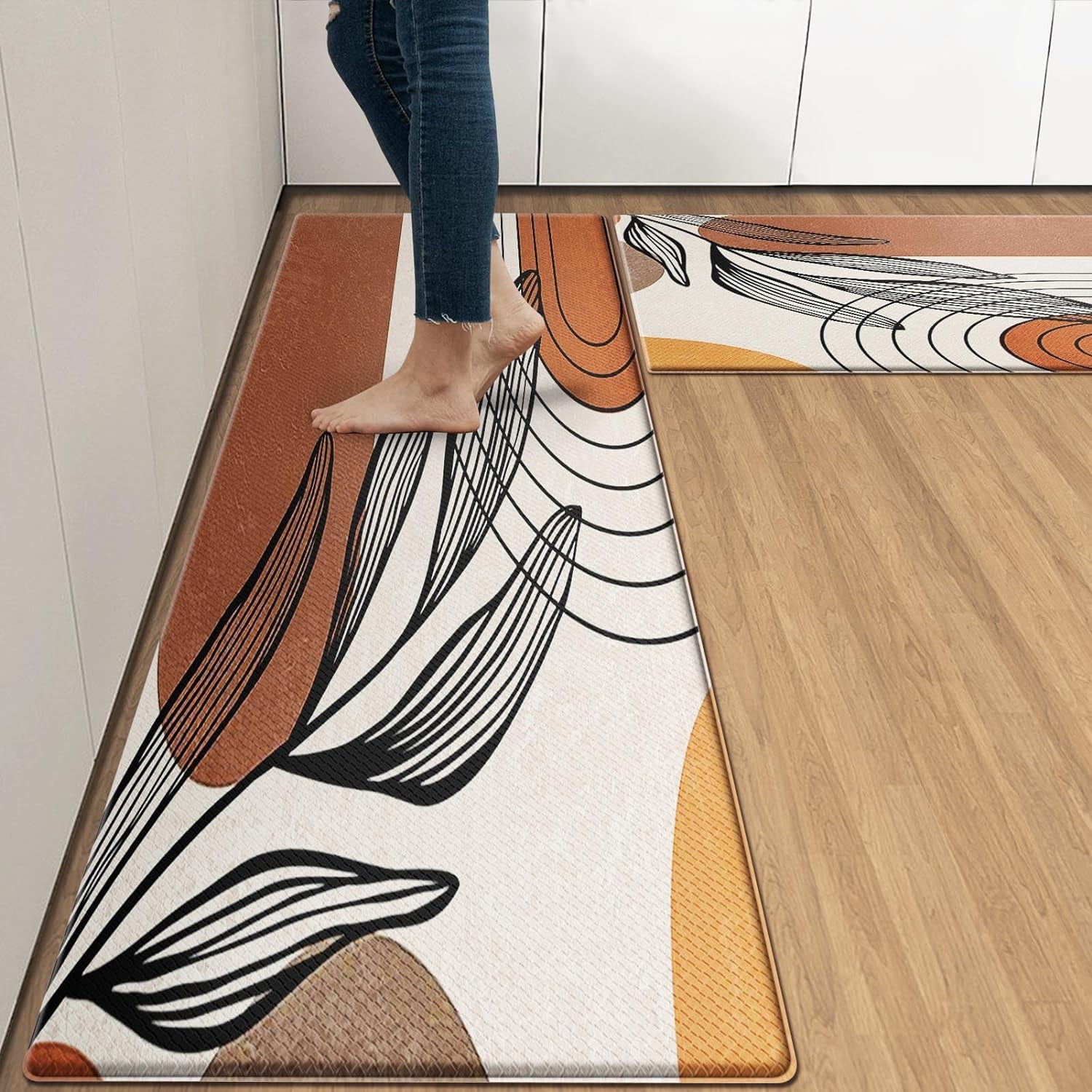Boho Anti-Fatigue Kitchen Rug Set of 2 Mid Century Sun Brown Leaves ...