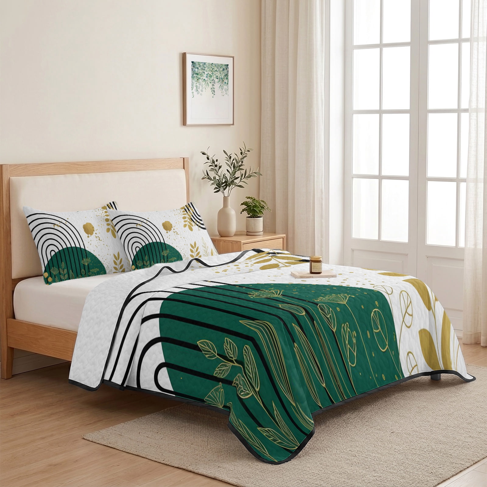 Boho Arch Black Stripes Abstract Leaf 3 Pieces Quilt Set,1 Quilt with 2 ...