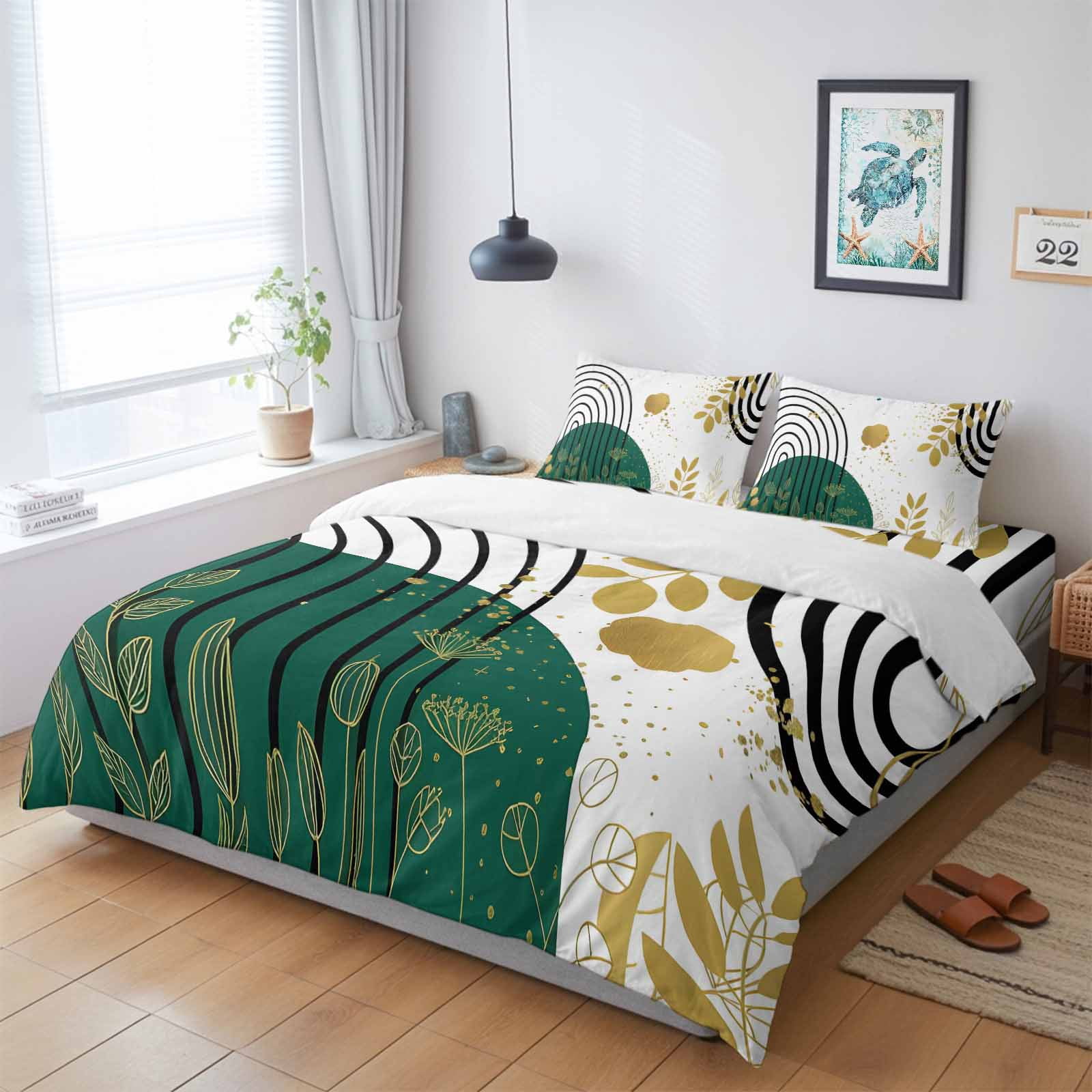 Boho Arch Black Stripes Abstract Leaf King Size Bed Set,Dark Green ...
