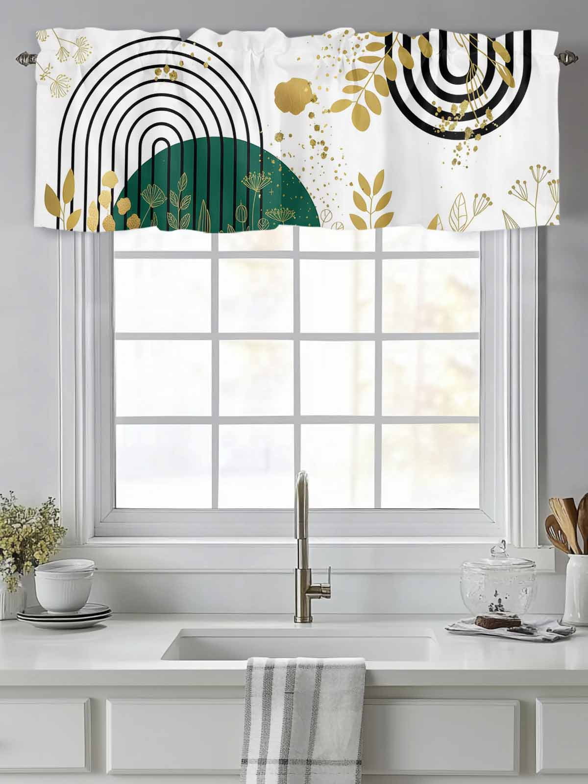 Boho Arch Black Stripes Abstract Leaf Valances for Windows,Kitchen ...