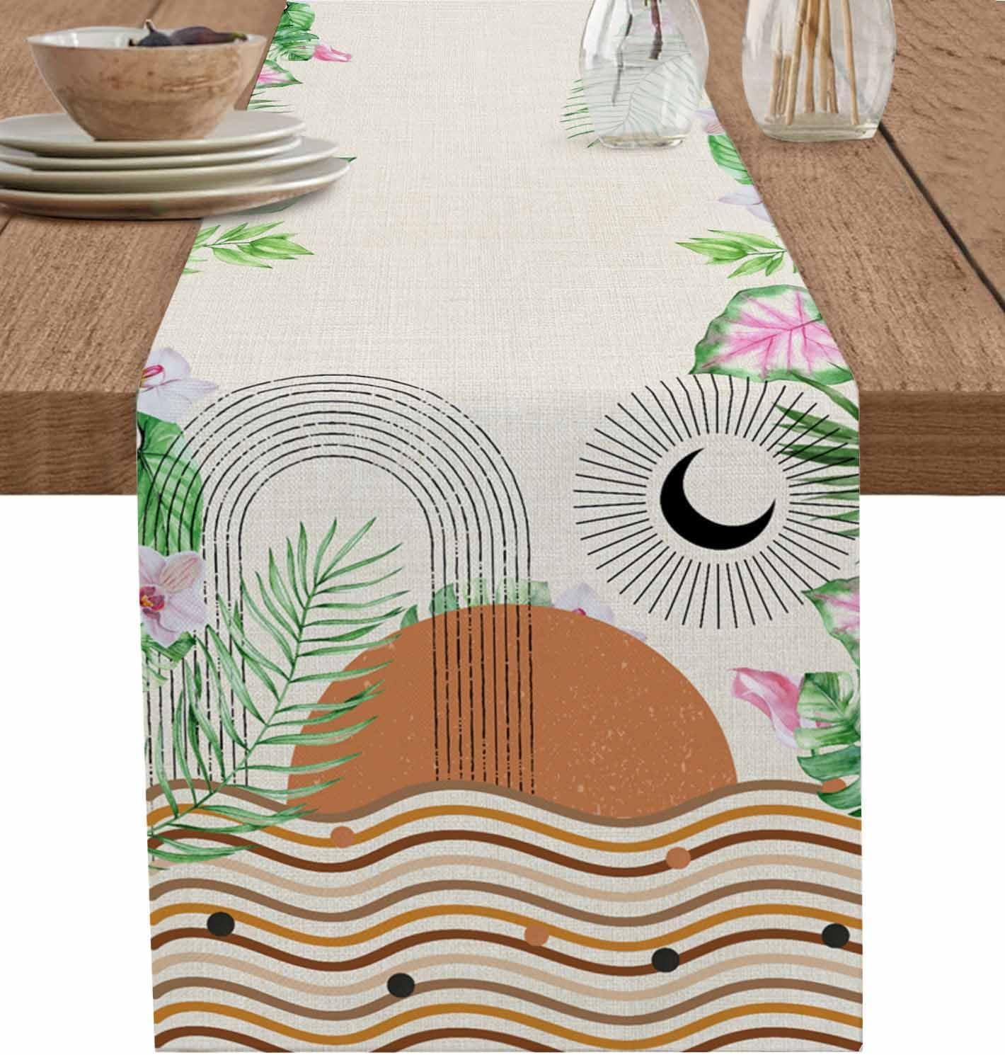 Boho Arch Sun Geometric Watercolor Leaves Linen Table Runners Abstract ...