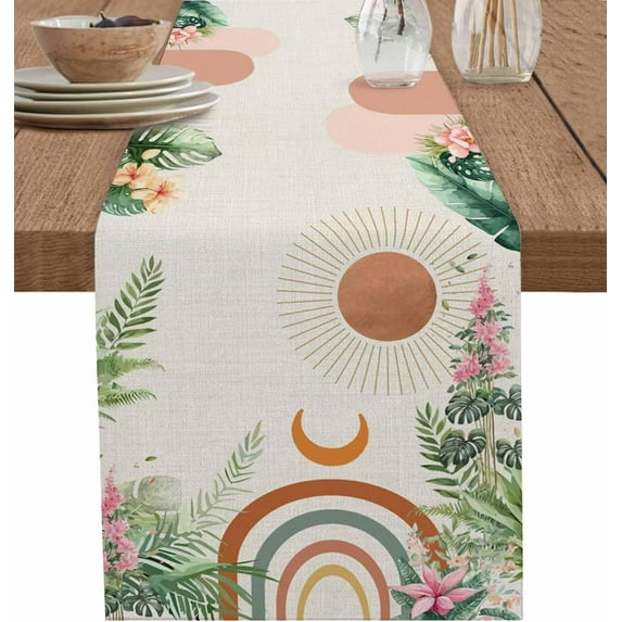 Boho Arch Sun Geometric Watercolor Leaves Linen Table Runners Abstract ...
