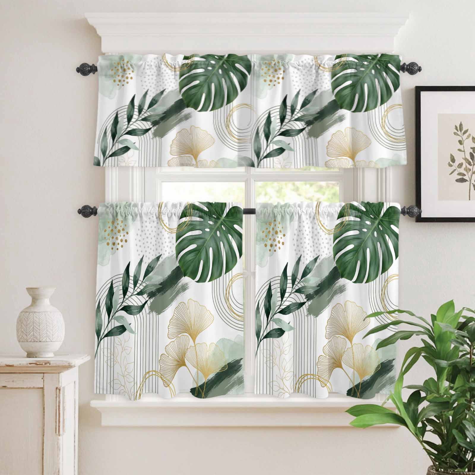 Boho Arch Watercolor Leaves Curtain Tier and Valance Set 3 Piece ...