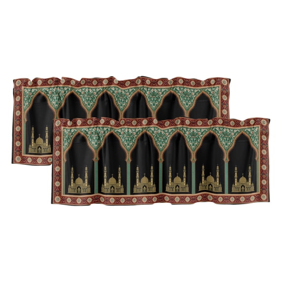 Boho Architecture 2 Panels Kitchen Valance, Folk Twin Arches Black Sky ...