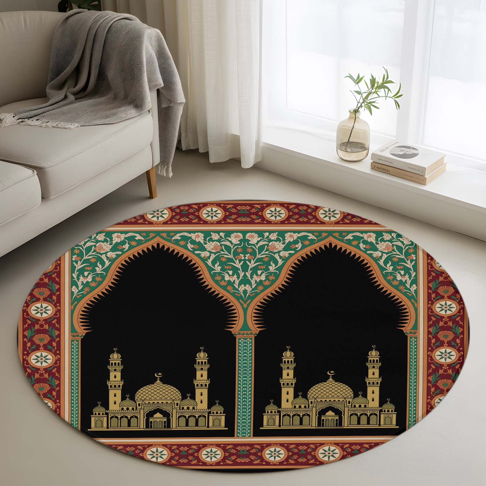 Boho Architecture 3FT Round Area Rugs for Living Room Folk Twin Arches ...