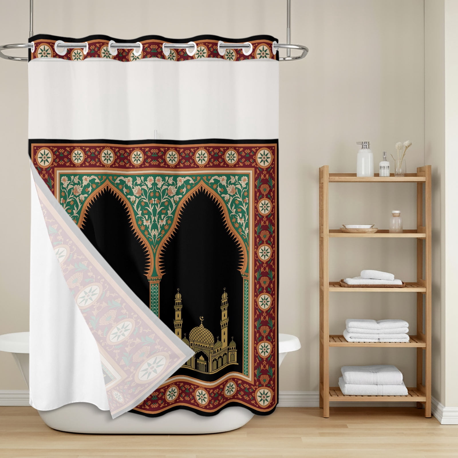 Boho Architecture No Hook Shower Curtain with Snap in Liner, Folk Twin ...