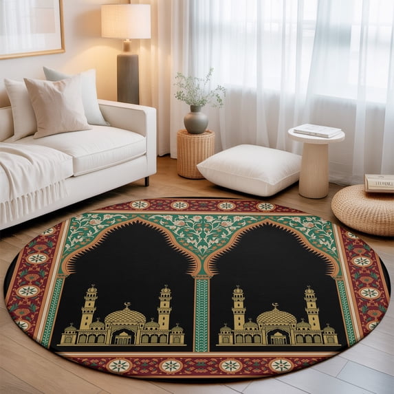 Boho Architecture Round Living Room Rugs 8 ft, Folk Twin Arches Black ...