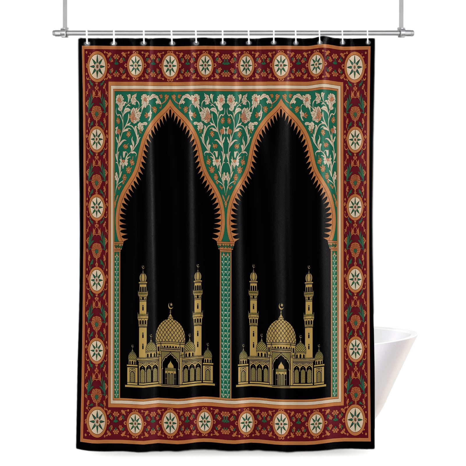 Boho Architecture Shower Curtain, Folk Twin Arches Black Sky Floral ...