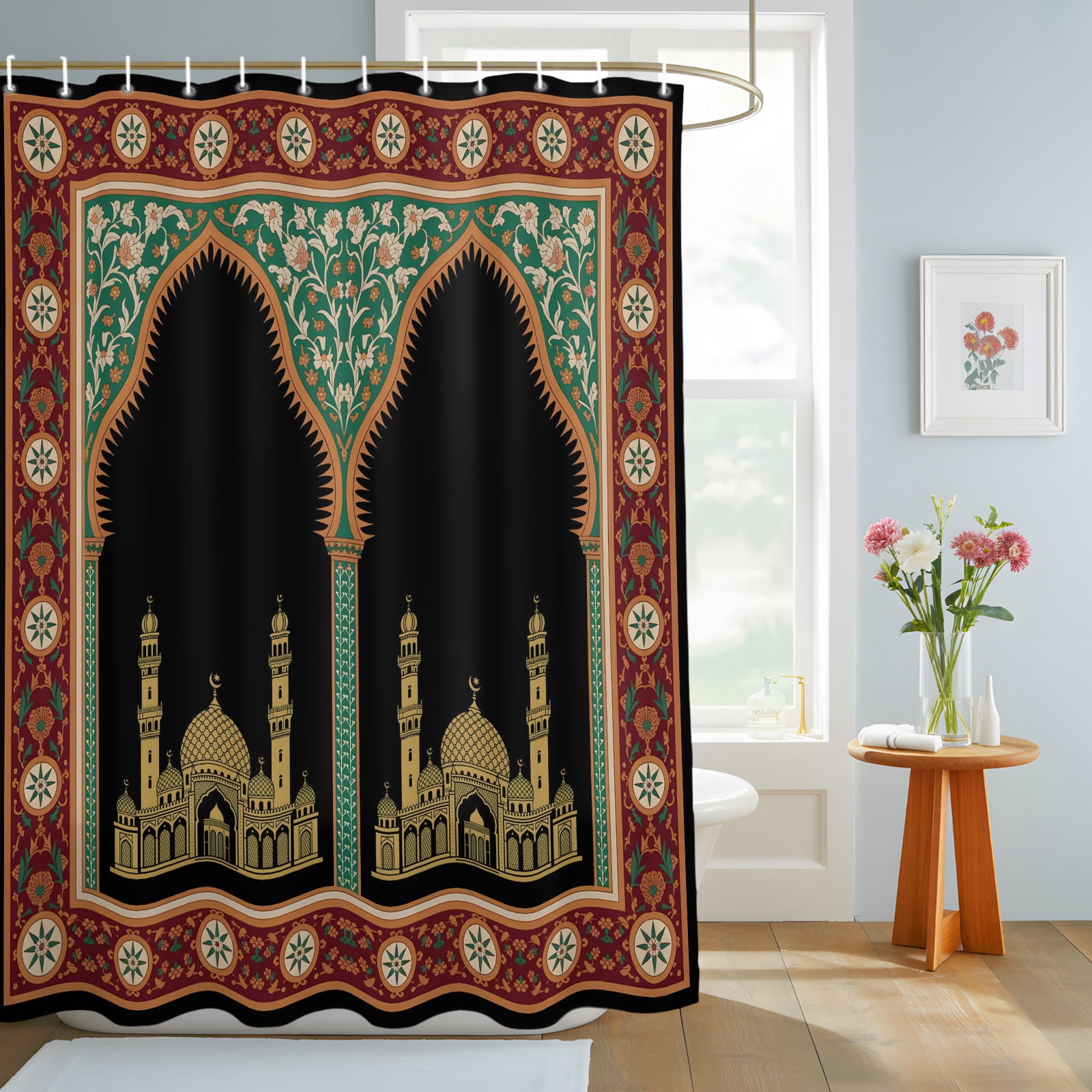 Boho Architecture Shower Curtain, Folk Twin Arches Black Sky Floral ...