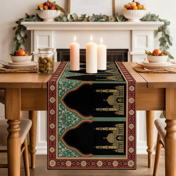 Boho Architecture Table Runner, Folk Twin Arches Black Sky Floral Frame ...