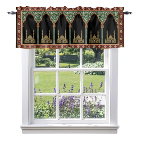 Boho Architecture Valance Curtain 1 Panel, Folk Twin Arches Black Sky ...