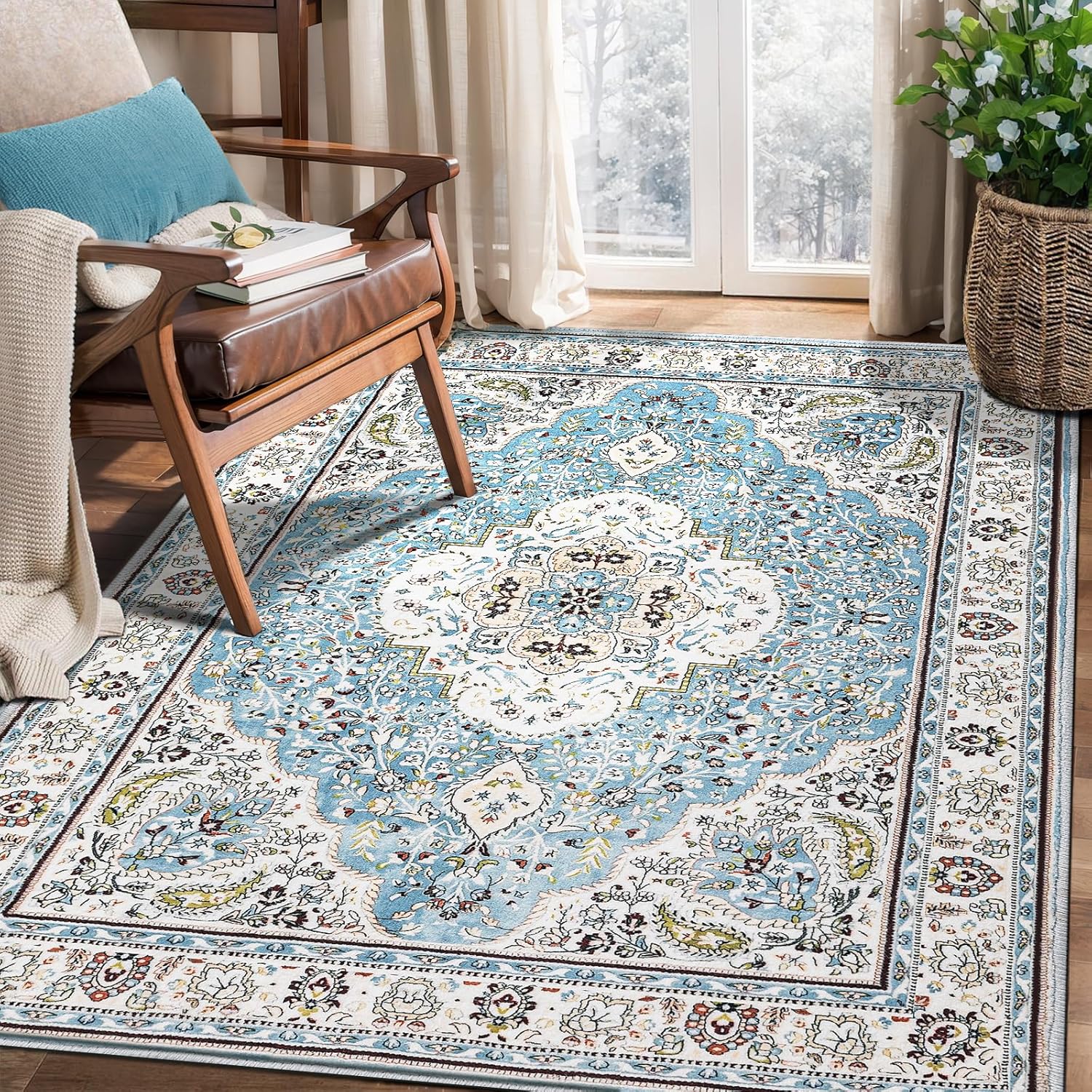 Boho Area Rug 3'x5' Blue Washable Bedroom Rug Non-Slip Oriental Entry ...