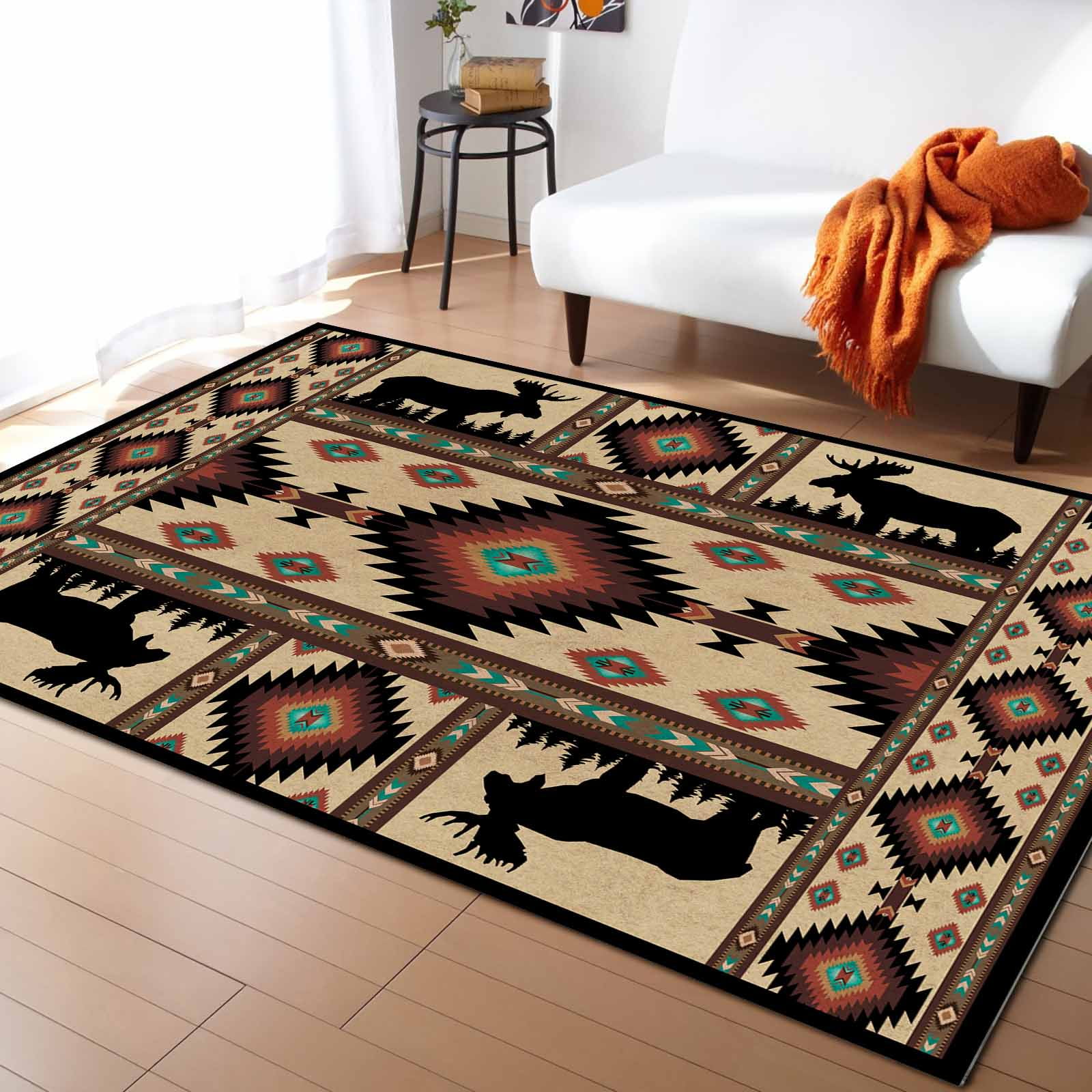 Boho Area Rug 5'x7' Deer Fall Woods Bohemian Geometric Pattern Washable ...