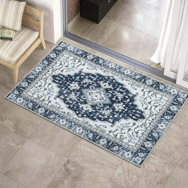 Boho Area Rug Vintage Medallion Distressed Anti-Slip Rubber Backing Rug ...