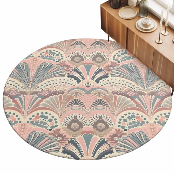 Boho Area Rugs 3' (Round) Ocean Shell Floor Rug Non Slip Low Pile Ultra ...