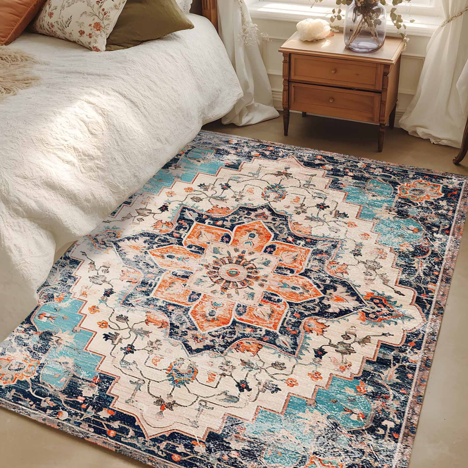 Boho Area Rugs 3x5 for Living Room, Orange Blue Ethnic Tribe Abstract ...