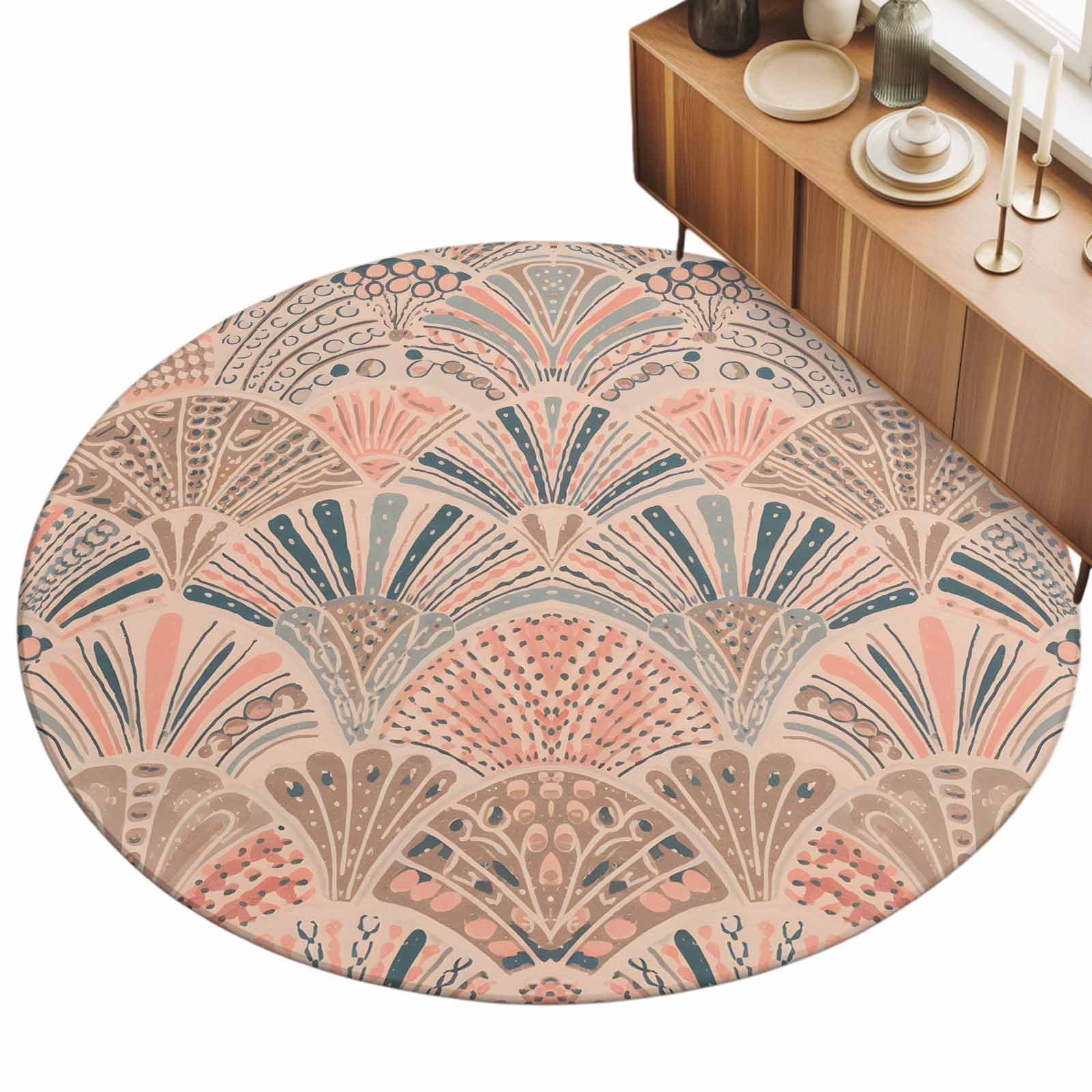Boho Area Rugs 4' (Round) Vintage Ocean Shell Floor Rug Non Slip Low ...