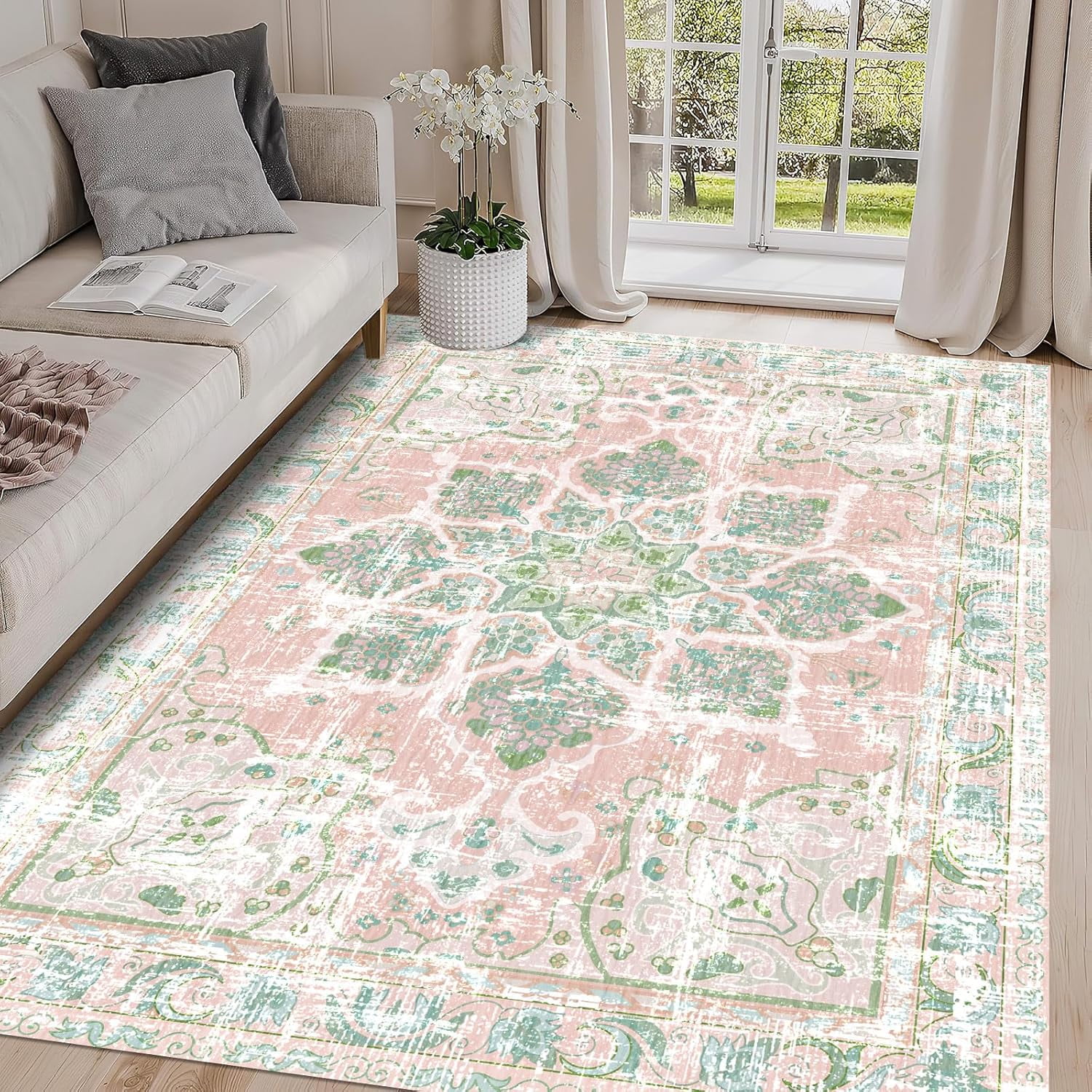 Boho Area Rugs Vintage Washable Neutral Modern Dusty Pink and Green 3x5 ...